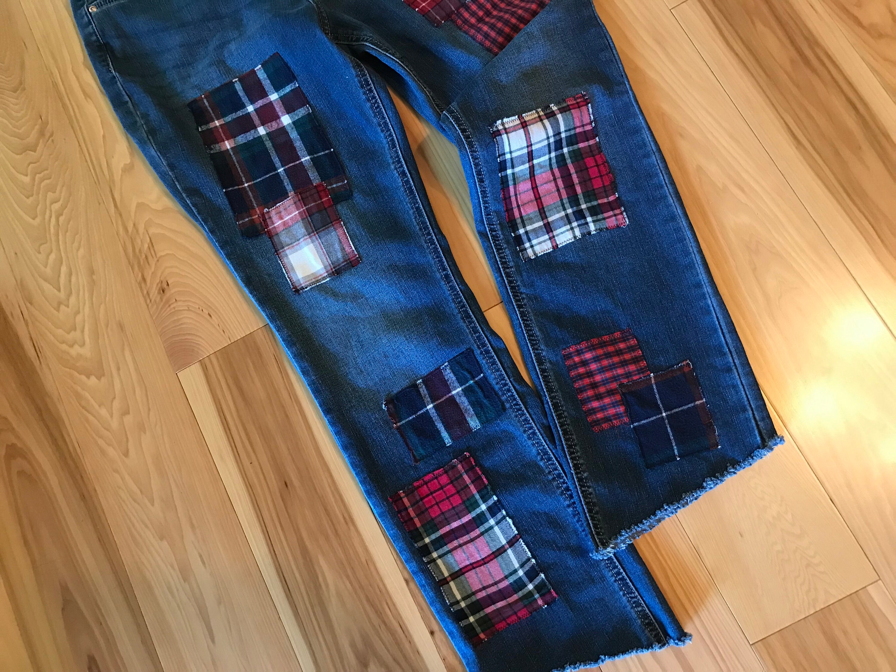 Reworked Plaid Flannel Patch Jeans Size 14 Upcycled Handmade - Etsy