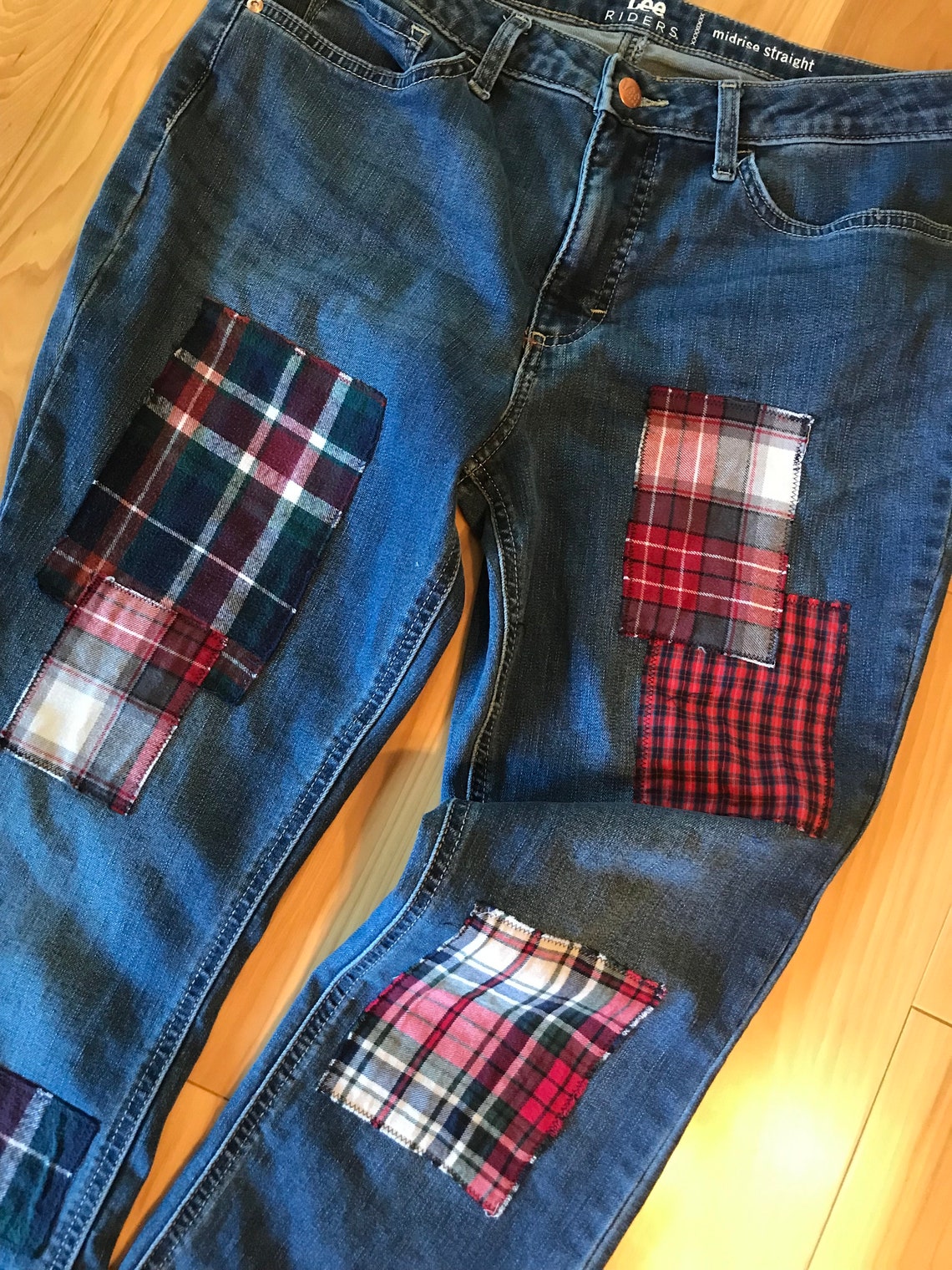 Reworked Plaid Flannel Patch Jeans Size 14 Upcycled Handmade - Etsy