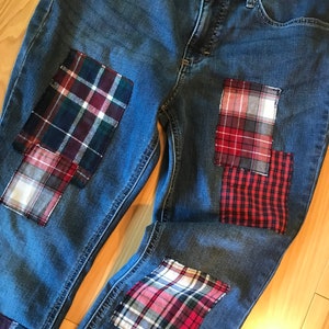 Reworked Plaid Flannel Patch Jeans Size 14, Upcycled Handmade Designer ...