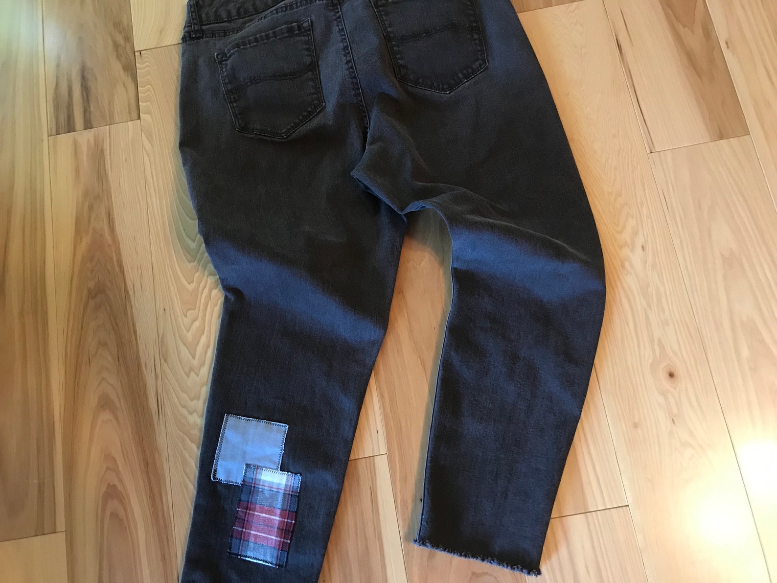 Reworked Cropped Plaid Patch Jeans Size 14, Upcycled Black Denim ...