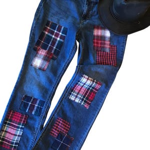 Reworked Plaid Flannel Patch Jeans Size 14, Upcycled Handmade Designer ...