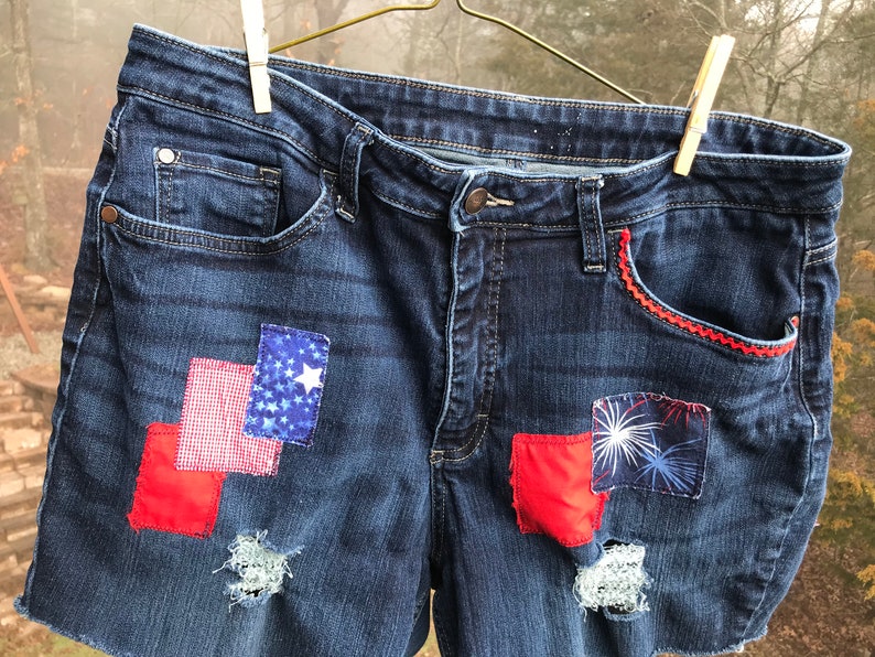 Women's Size 16 Ripped Denim Cutoffs, Upcycled Patched 4th of July ...