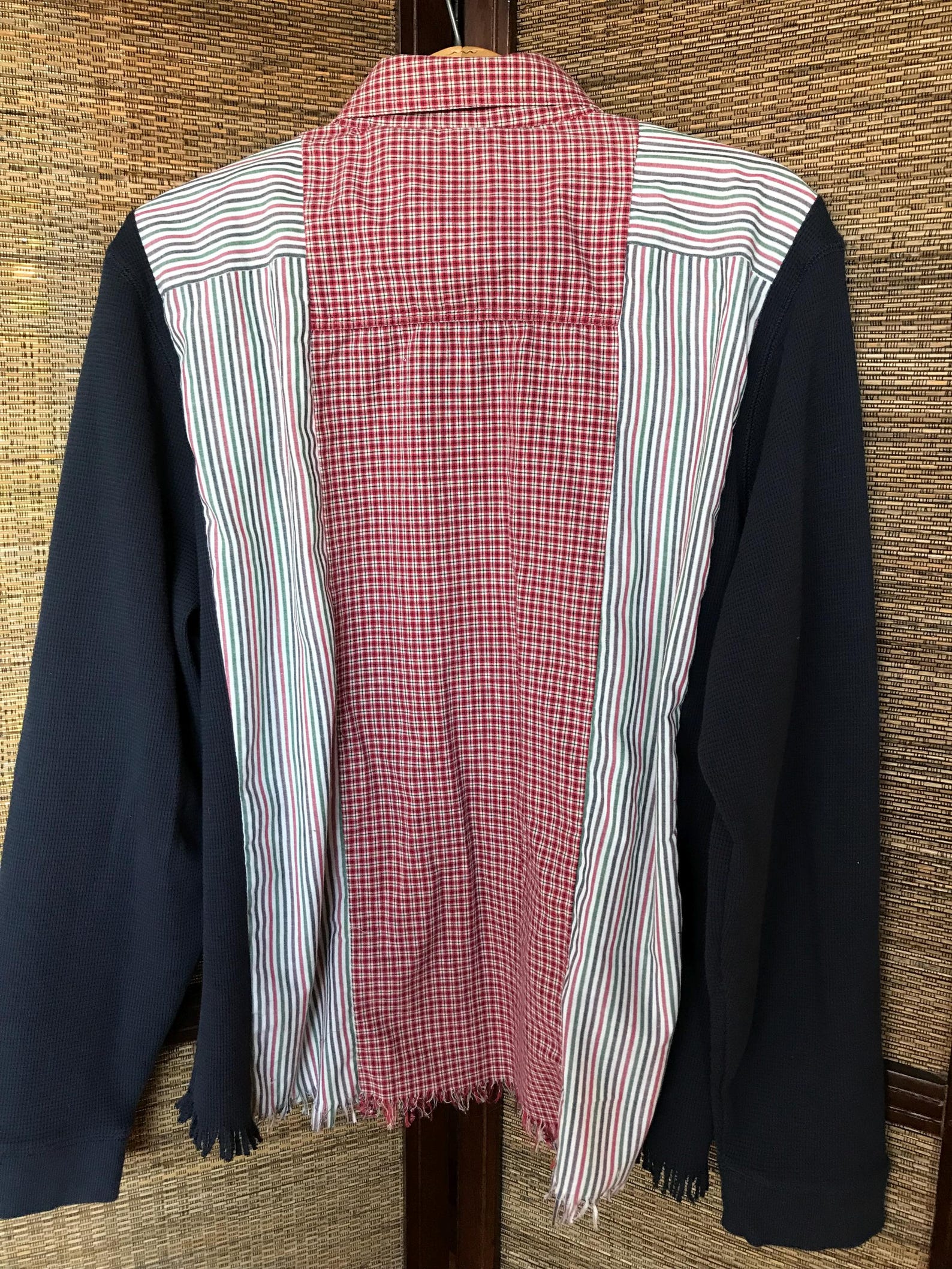 Upcycled Mixed Print Button-down Shirt, Size M-L: Spliced Plaid ...
