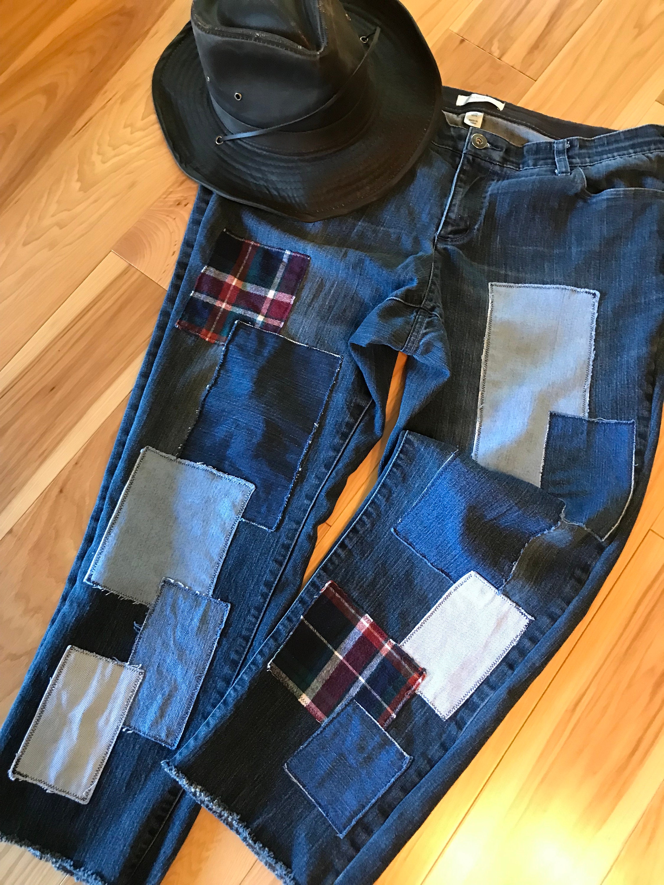 Reworked Denim Flannel Plaid Patch Jeans Size 16 Upcycled - Etsy