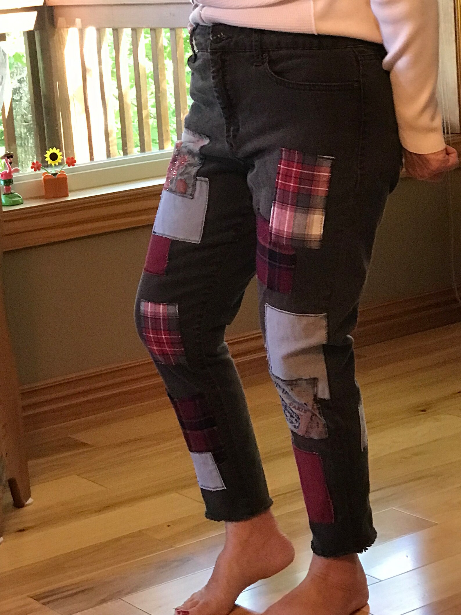 Reworked Cropped Plaid Patch Jeans Size 14, Upcycled Black Denim ...