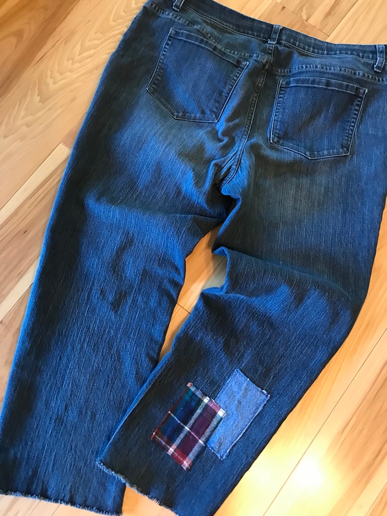Reworked Denim Flannel Plaid Patch Jeans Size 16 Upcycled - Etsy