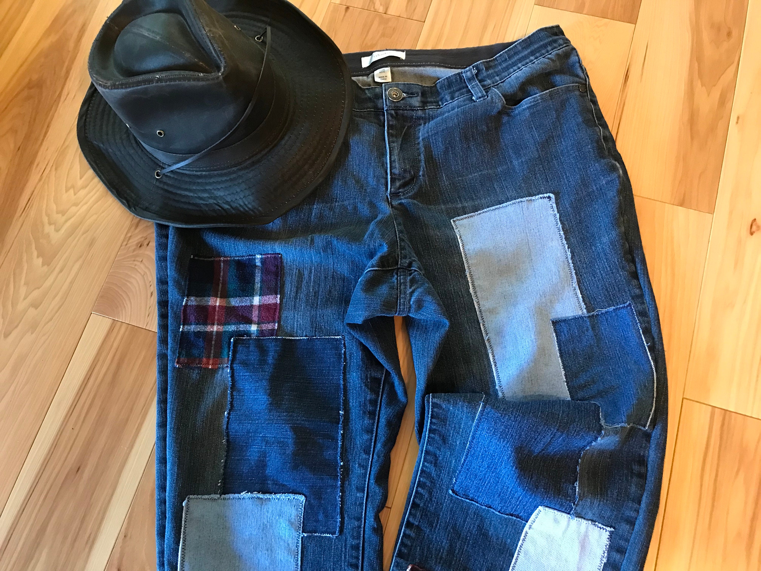 Reworked Denim Flannel Plaid Patch Jeans Size 16, Upcycled Frayed Hems ...