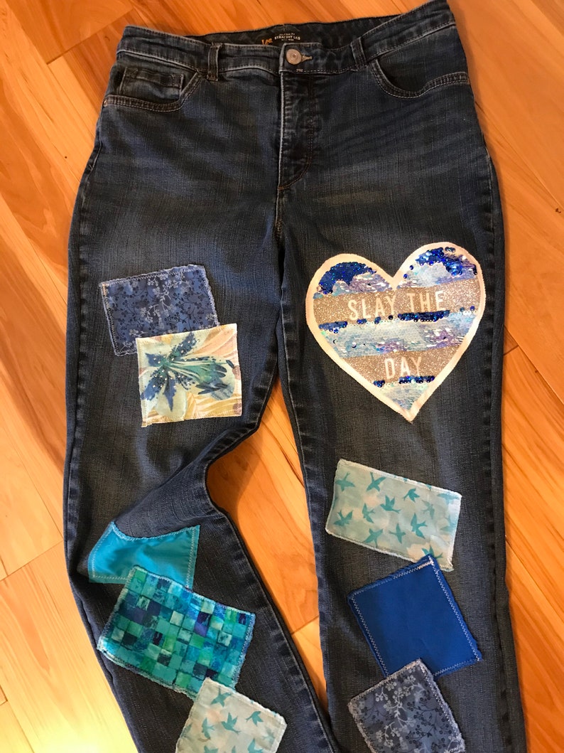 Boho Hippie Upcycled Patchwork Jeans Women's Size 6, Handmade Decorated ...