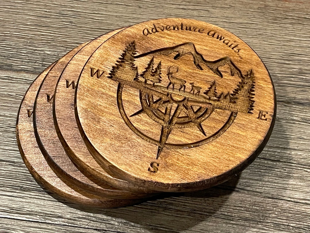 Laser Engraved Wooden Coasters With Compass / Wilderness Theme With ...