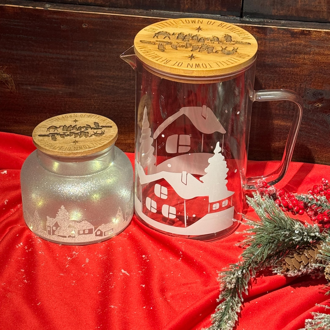 Laser Engraved Snowy Village Jar and Pitcher Set - Etsy