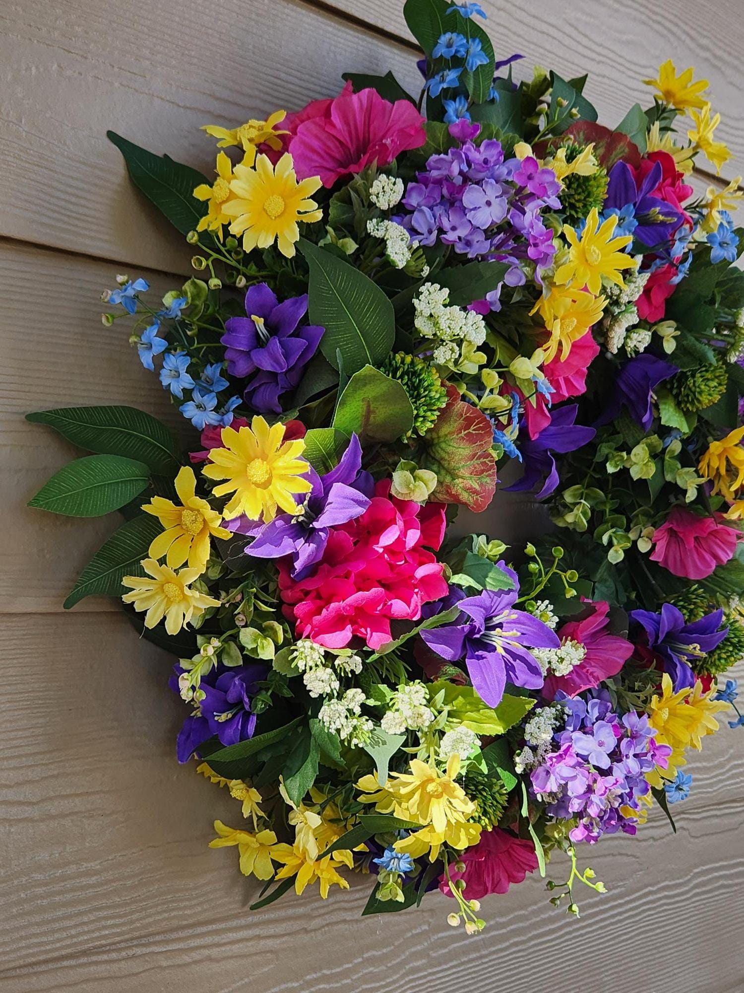 Spring Summer Wreath for Front Door; Bright Flowers Wreath; Spring ...