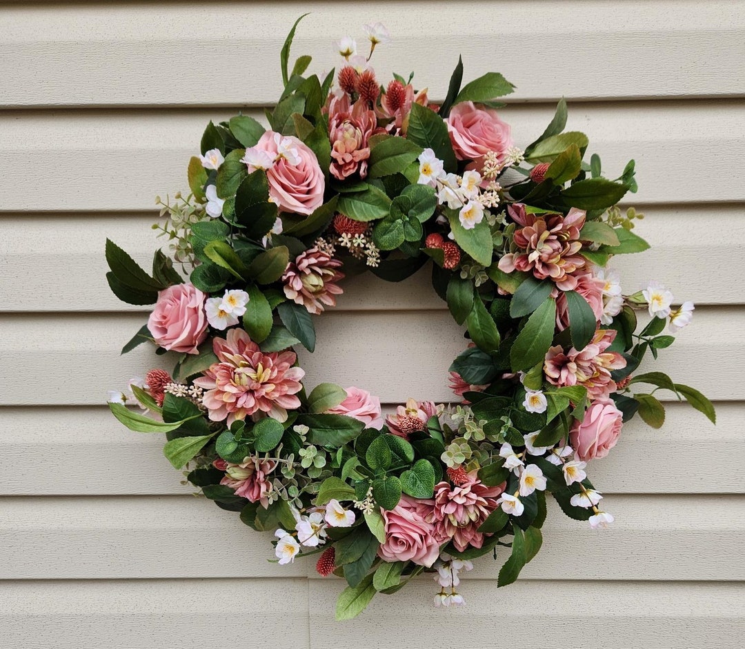 Spring and Summer Wreath; Roses and Dahlia Flower Wreath; Cottage ...