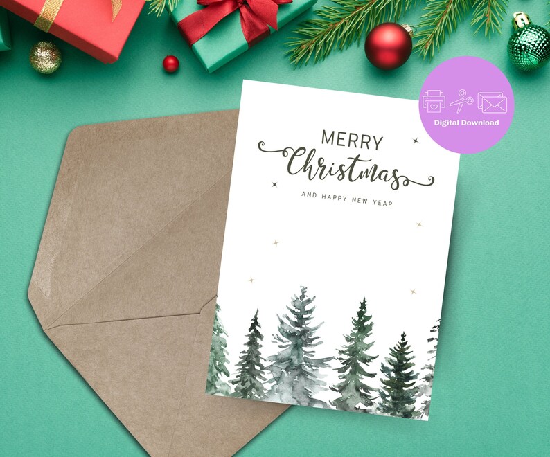 Printable Pine Tree Card, Christmas Trees, Colorful Holiday, Holiday ...