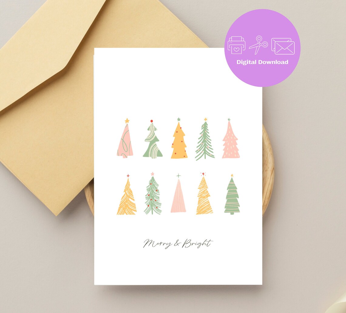 Printable Christmas Card, Christmas Tree, Merry and Bright, Holiday ...