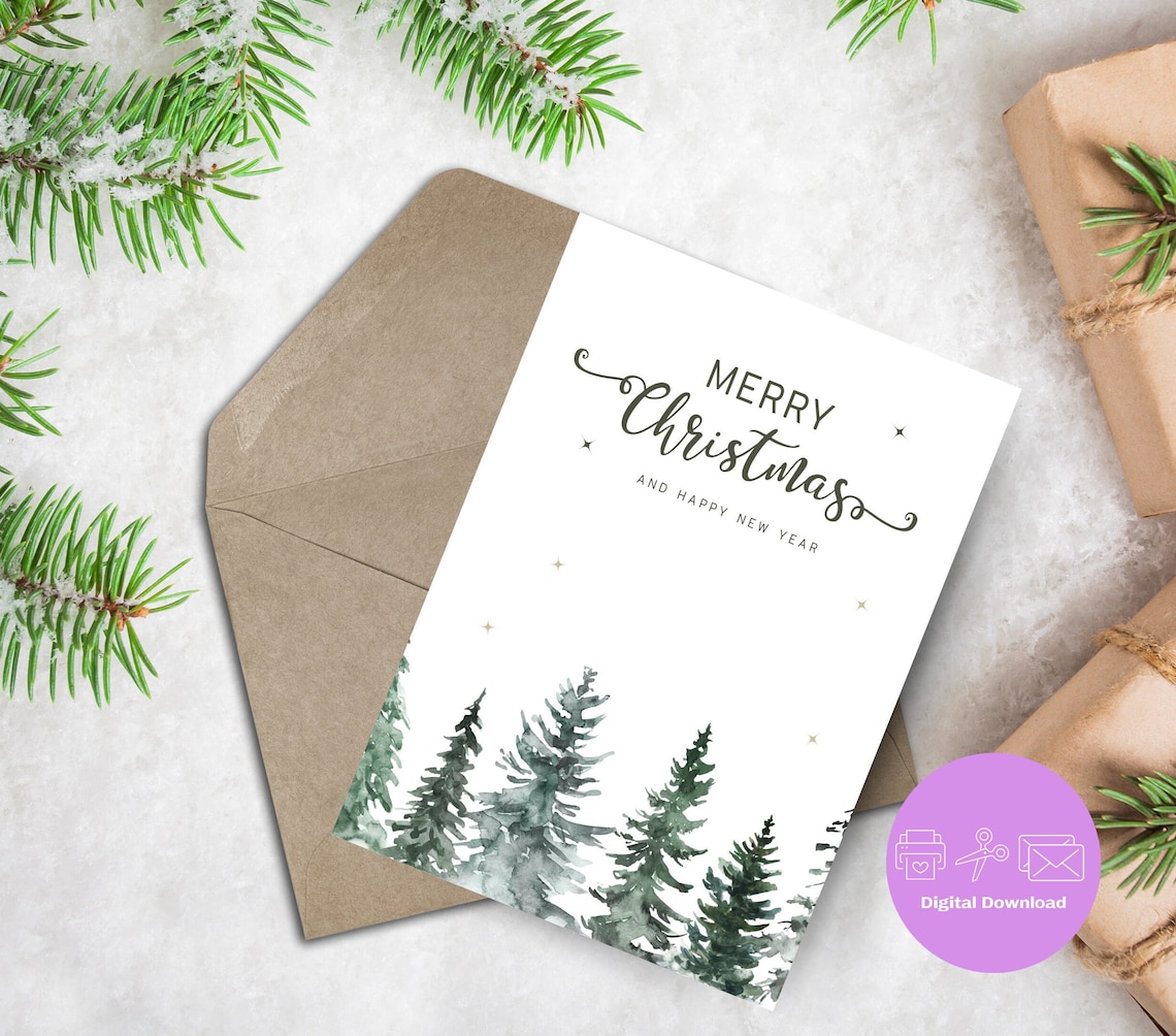 Printable Pine Tree Card, Christmas Trees, Colorful Holiday, Holiday ...
