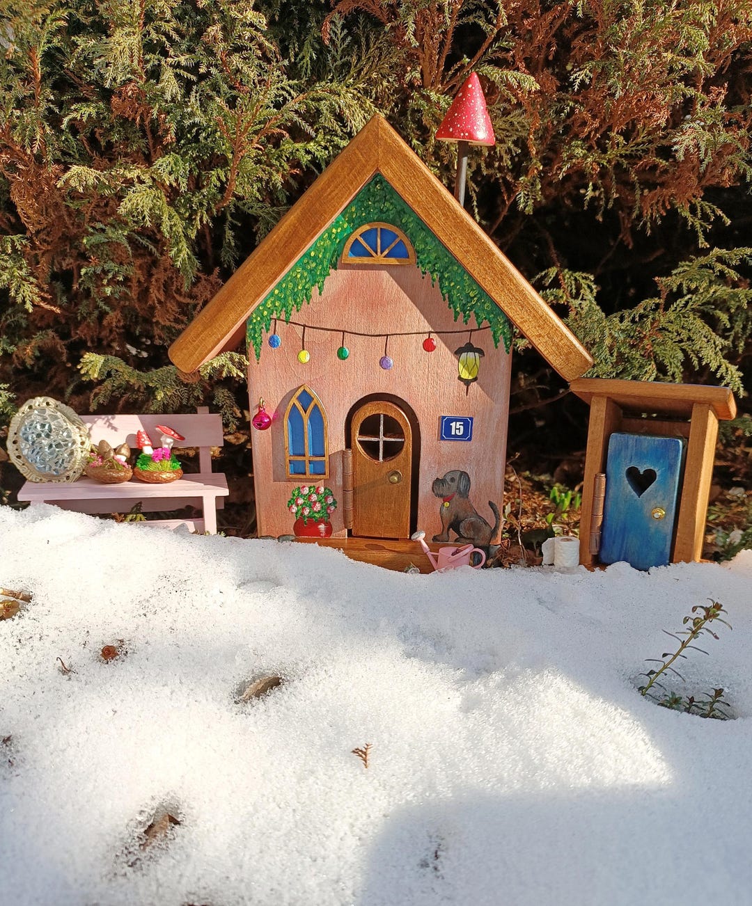 Hand Painted Wooden House + Outhouse + Bench + Accessories, Garden ...