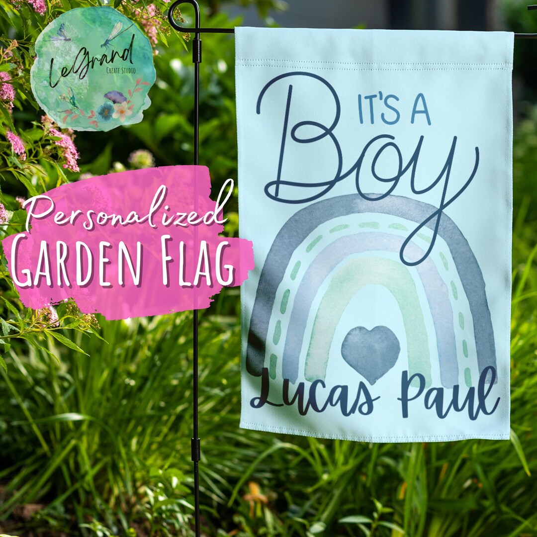 Personalized Baby Boy Announcement Blue Rainbow Garden Flag, It's a Boy ...