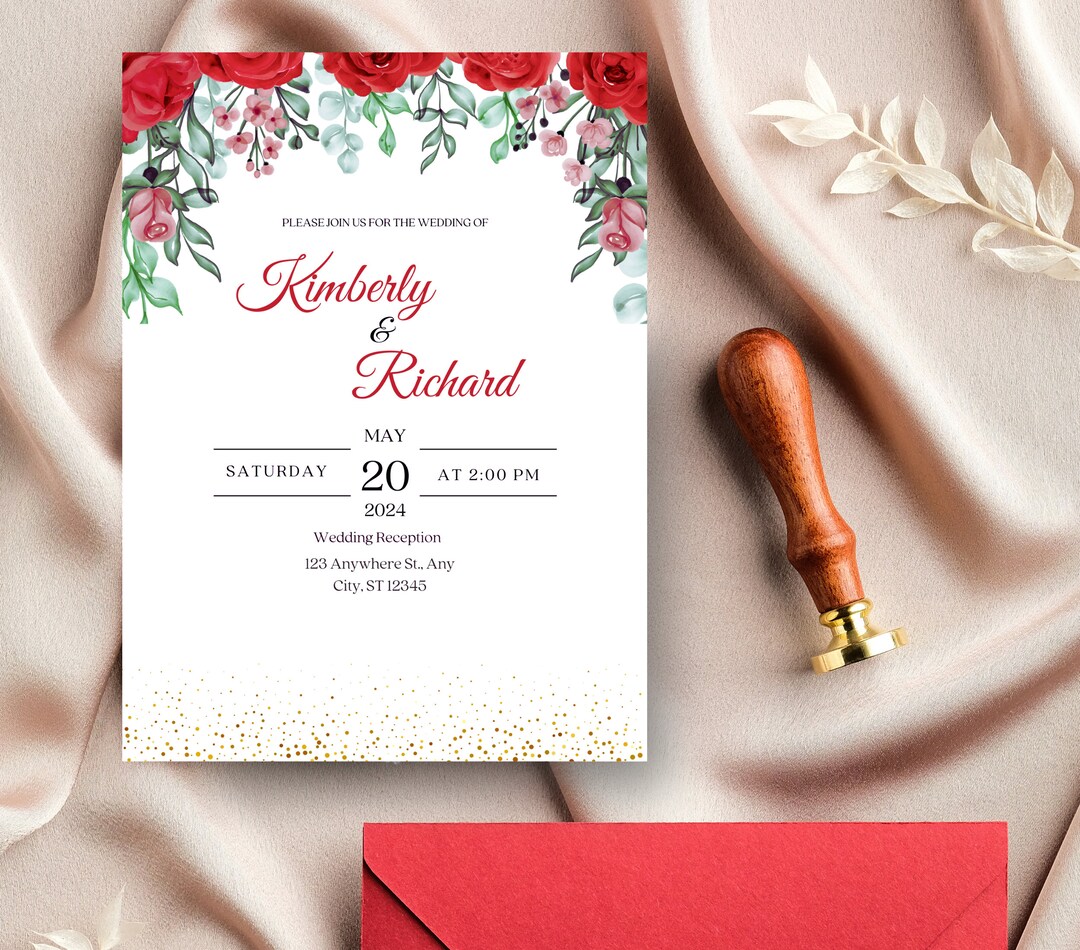 Red Rose Banner Wedding Invitation Instant Download PDF Editable Canva ...