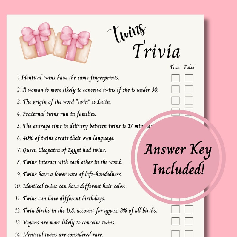 Twins Trivia, Twin Girls Baby Shower, Twins Trivia Game - Etsy