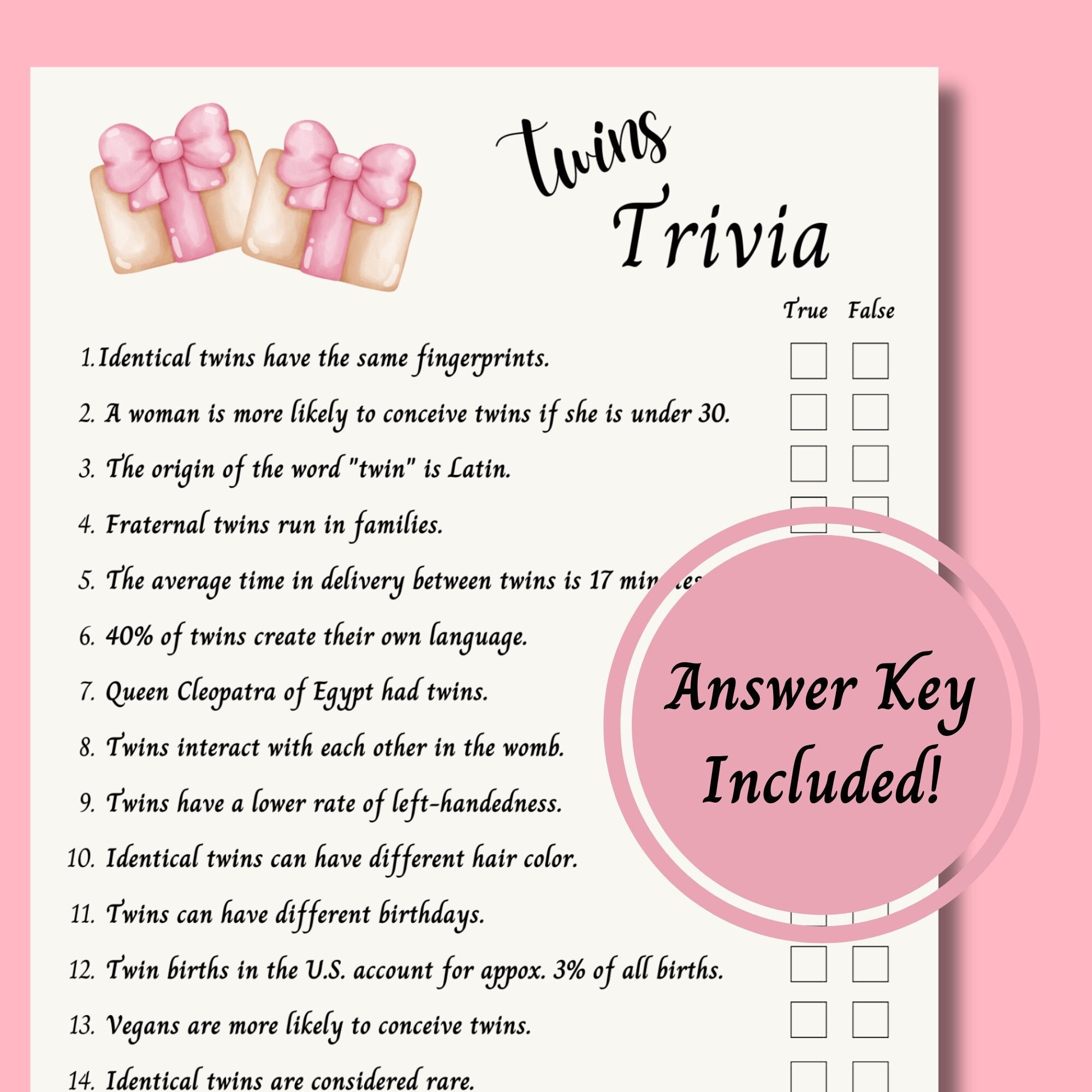 Twins Trivia, Twin Girls Baby Shower, Twins Trivia Game - Etsy
