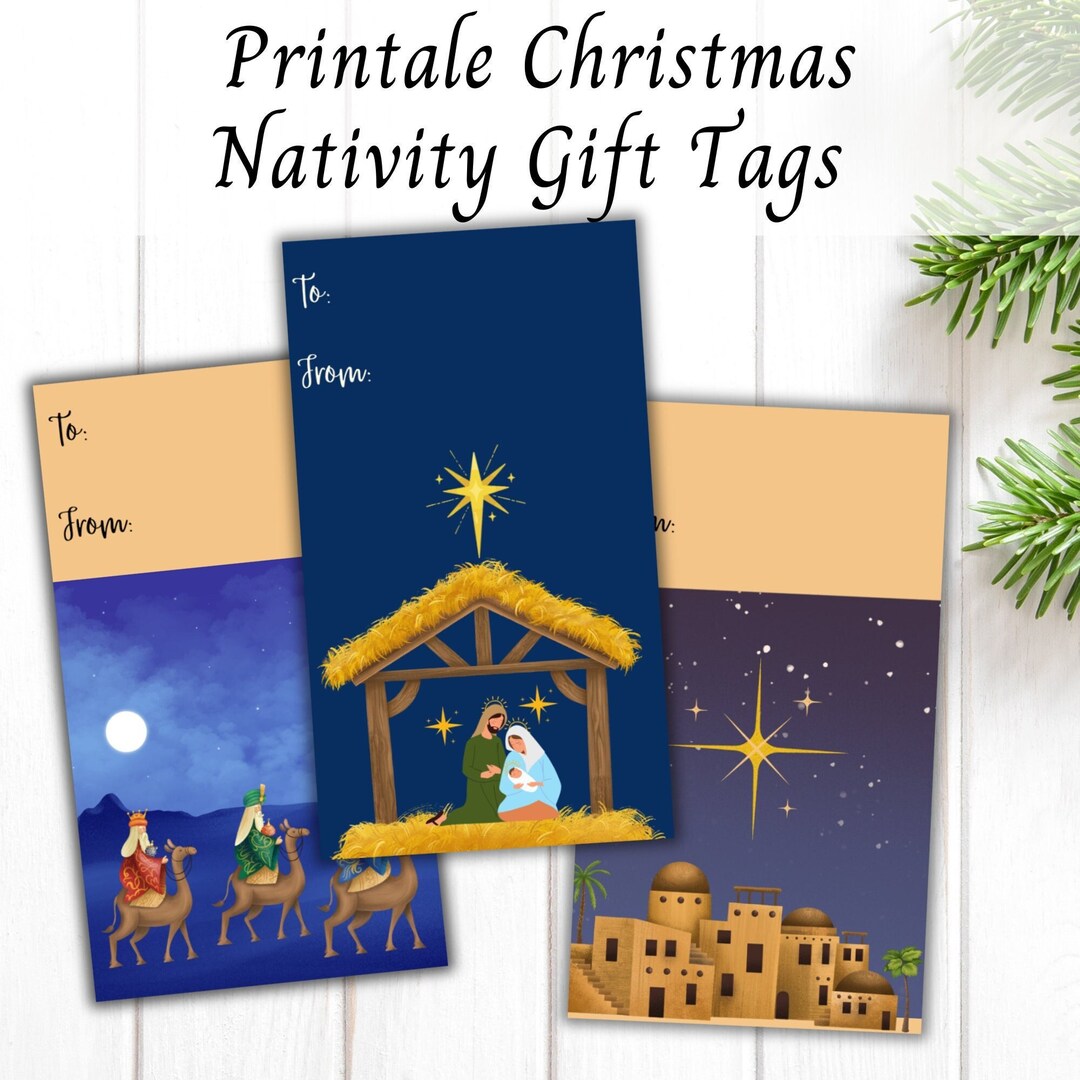 Nativity Christmas Gift Tags, Printable Christmas Name Tags, Manger ...