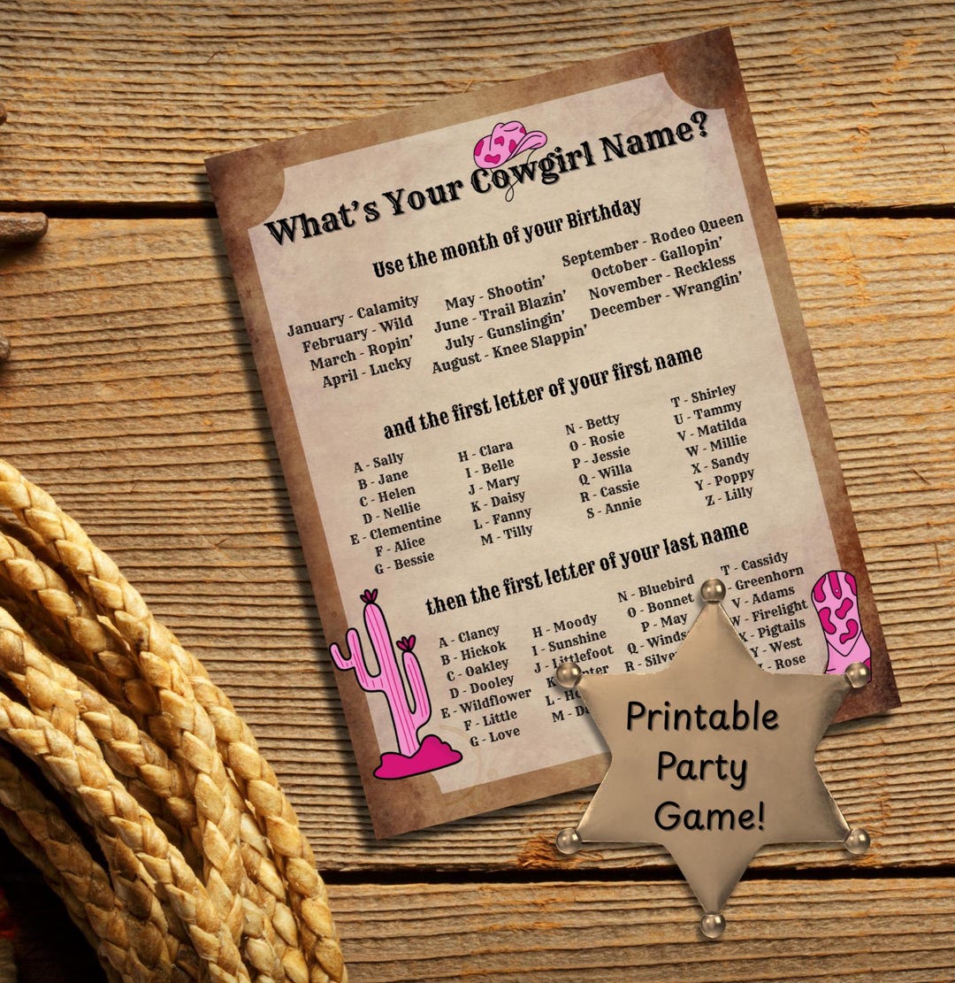 Cowgirl Name Party Game, Western Theme, Wild West, Bridal Shower ...