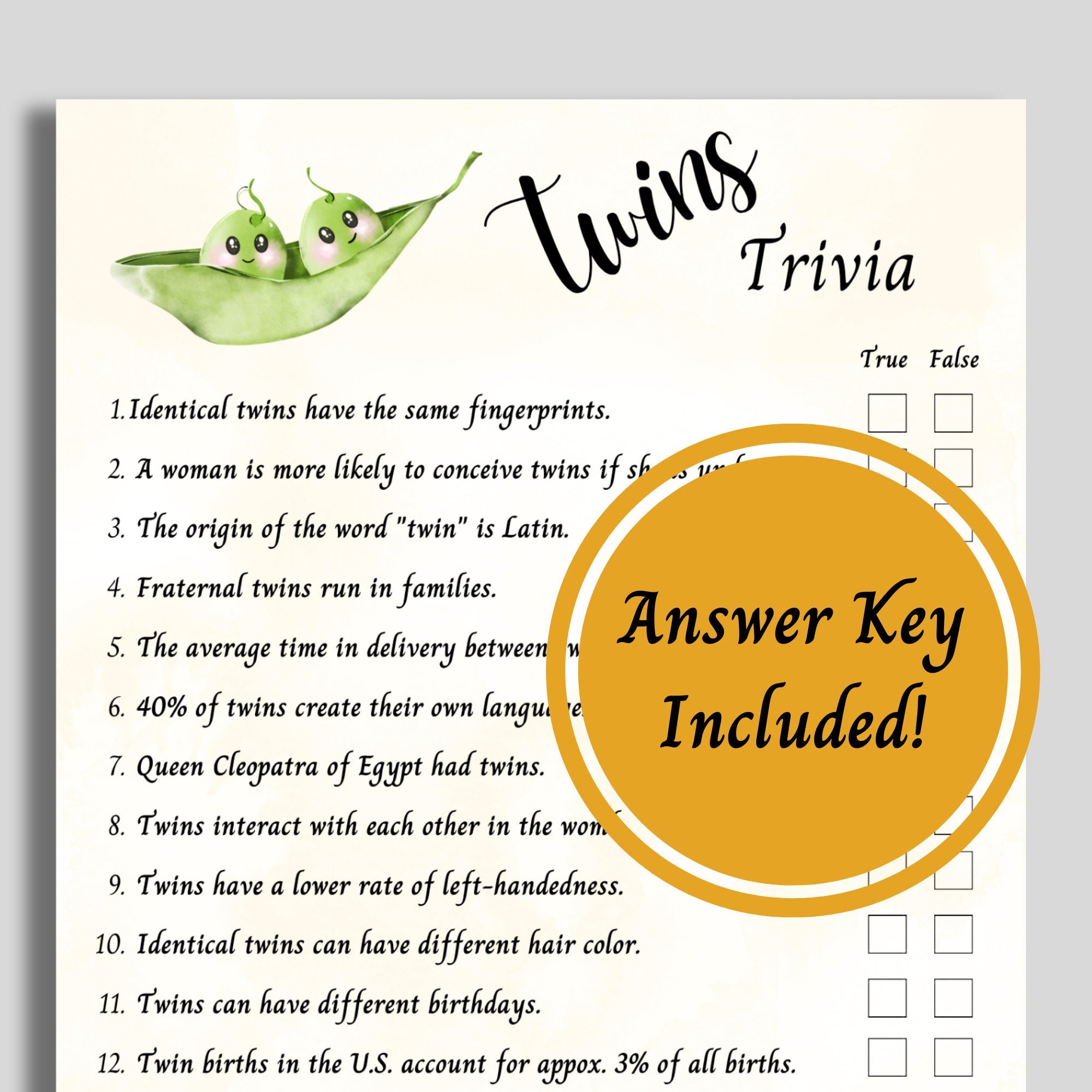 Twins Trivia Game, Twin Baby Shower, Two Peas in a Pod, Printable Baby ...