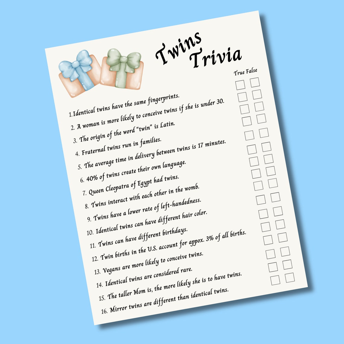 Twins Trivia, Twin Boys Baby Shower, Twins Trivia Game - Etsy