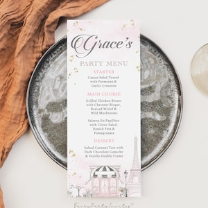 Parisian Cafe Party Menu Template, Paris Tea Party Birthday Menu Card ...
