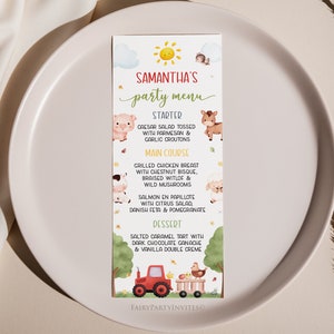 Farm Birthday Party Menu Template: Barnyard Animals (digital Download ...