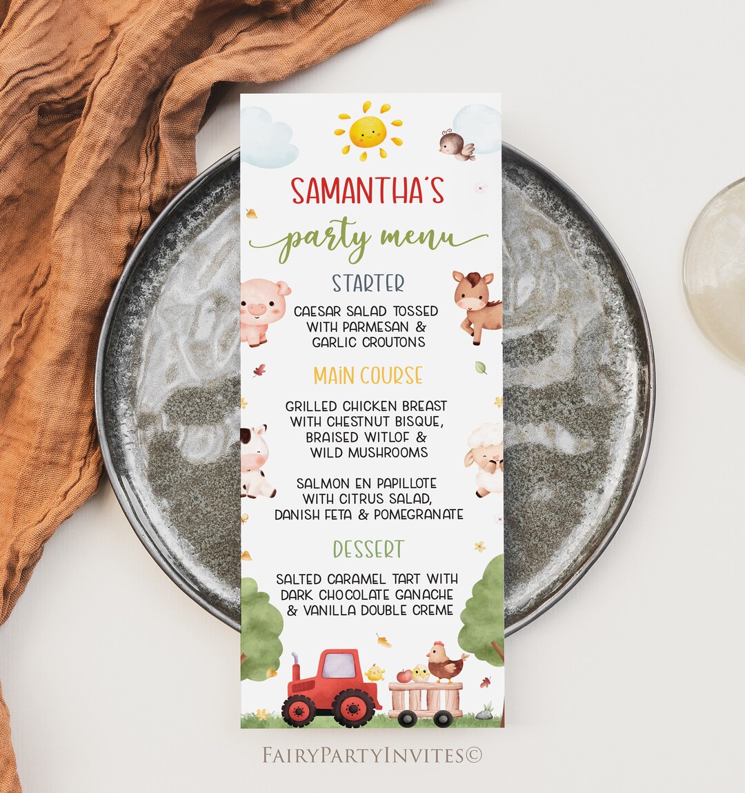 Farm Birthday Party Menu Template: Barnyard Animals (digital Download ...