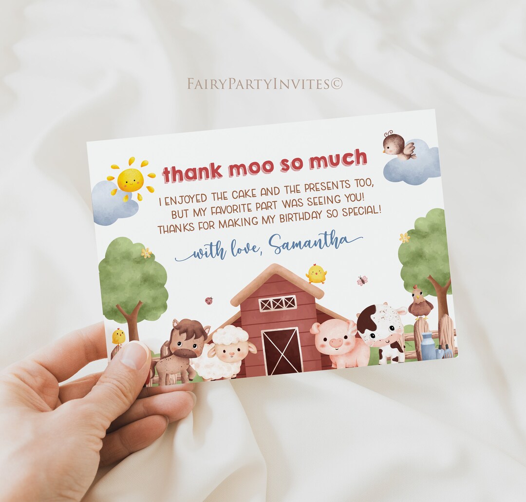 Farm Barnyard Thank You Card Template, Farm Animals Birthday Thank You ...