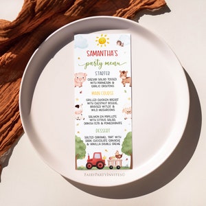 Farm Birthday Party Menu Template: Barnyard Animals (digital Download ...