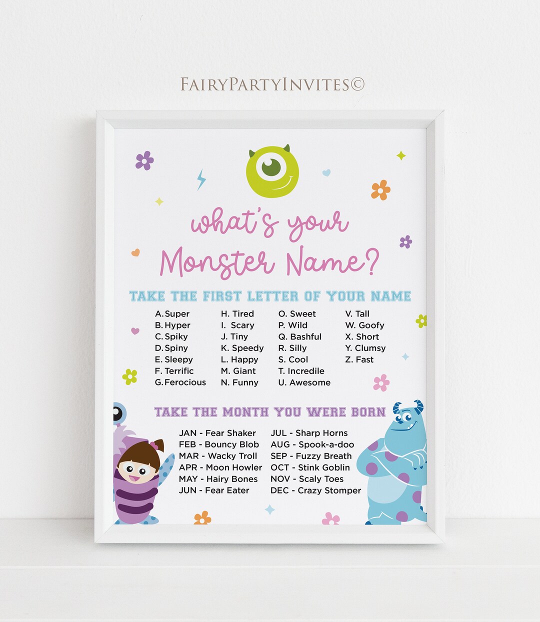 What's Your Monster Name Game, Monsters Inc Birthday Party Activity ...