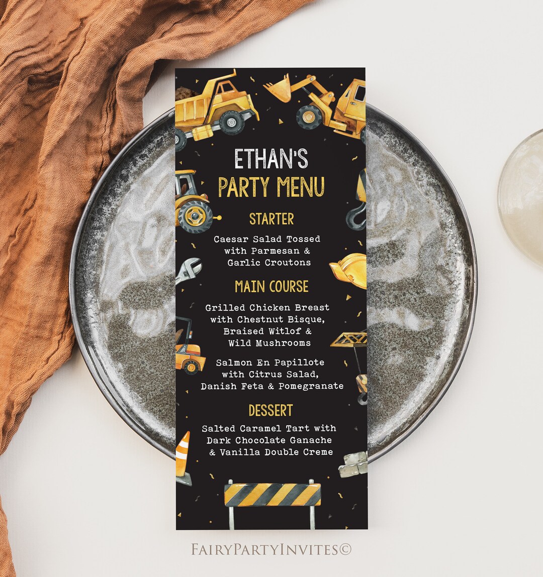 Construction Birthday Party Menu Template, Printable Construction ...