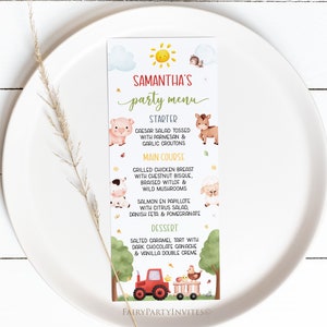 Farm Birthday Party Menu Template: Barnyard Animals (digital Download ...