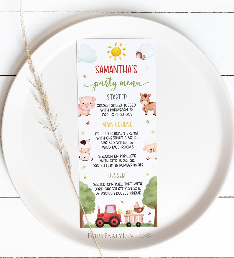 Farm Birthday Party Menu Template: Barnyard Animals (digital Download ...