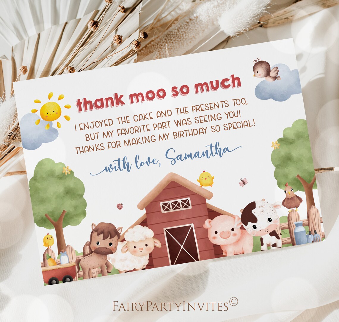 Farm Animals Thank You Card Template: Editable Birthday Party (digital ...