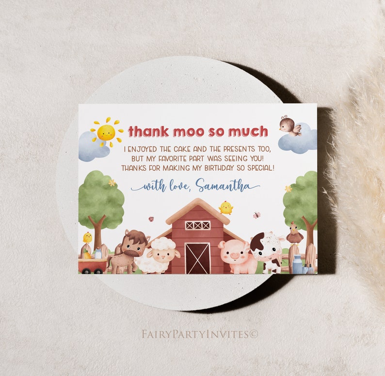 Farm Animals Thank You Card Template: Editable Birthday Party (digital ...