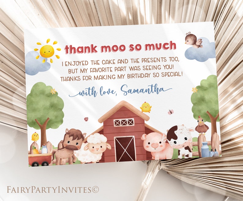 Farm Animals Thank You Card Template: Editable Birthday Party (digital ...