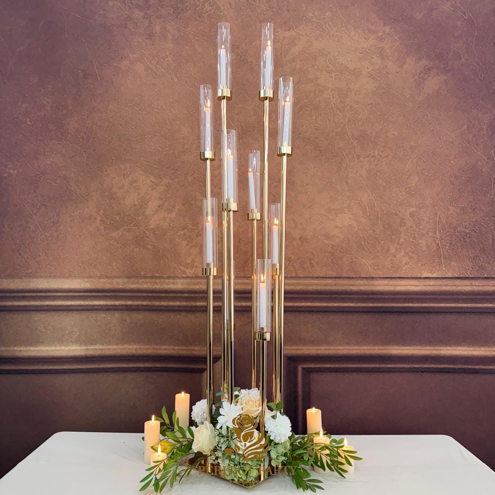50''-gold 8 Arm Metal Cluster Candle Holder, Tall Stand Glass Candles ...