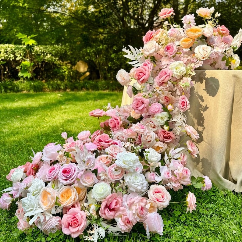 Ships From Usa/blush Pink Rose Cascading Floral Runner Table ...