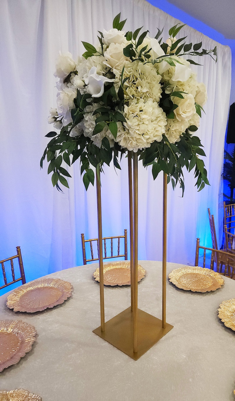 Supersize White Rose Wedding Centerpieces on 4-post Gold Metal Risers ...