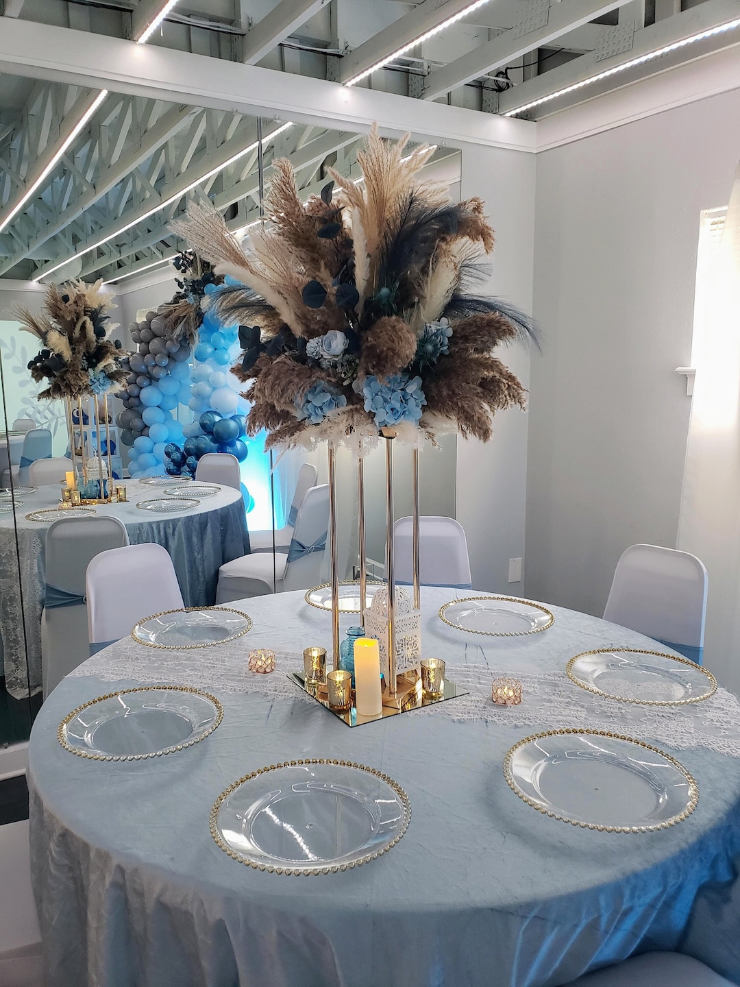 Dusty Blue Floral Arrangements With Pampas Centerpieces - Etsy