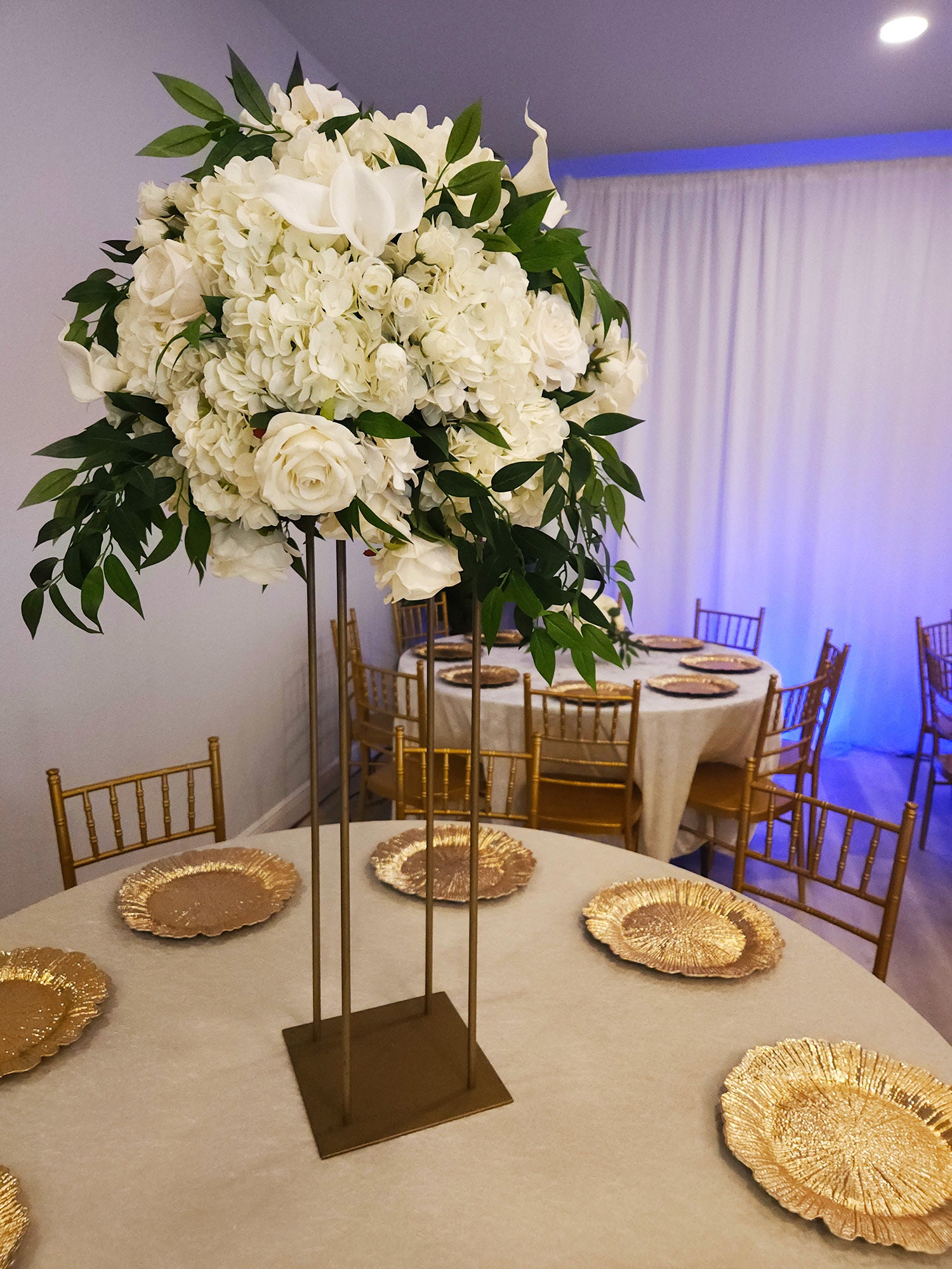 Supersize White Rose Wedding Centerpieces on 4-post Gold Metal Risers ...