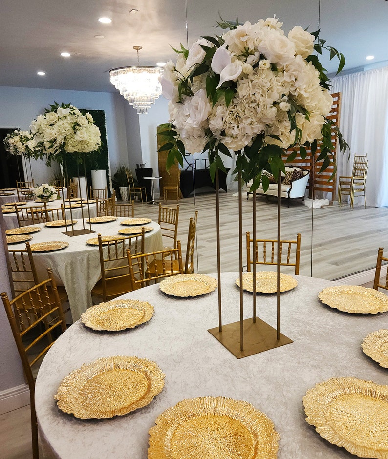 Supersize White Rose Wedding Centerpieces on 4-post Gold Metal Risers ...
