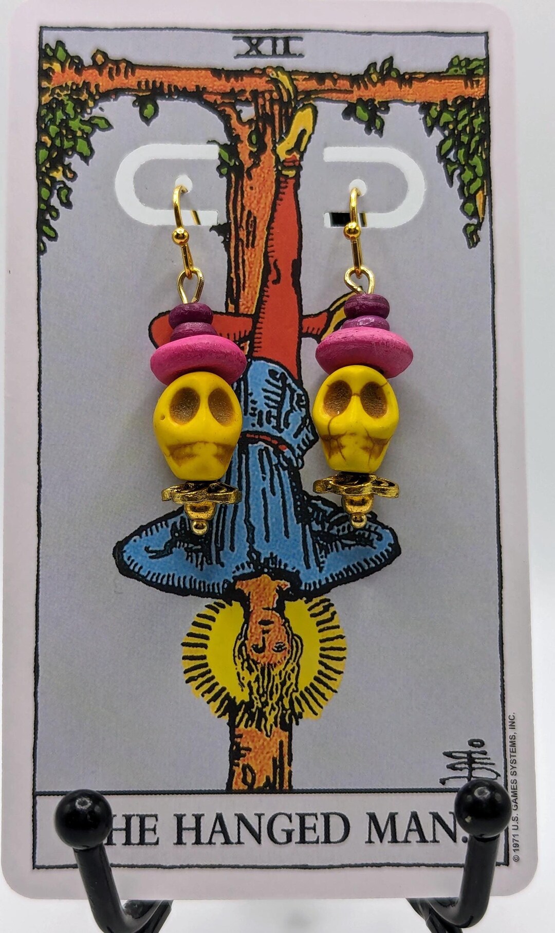 Baron Samedi Style Skull and Top Hat Earrings, Yellow & Pink - Etsy