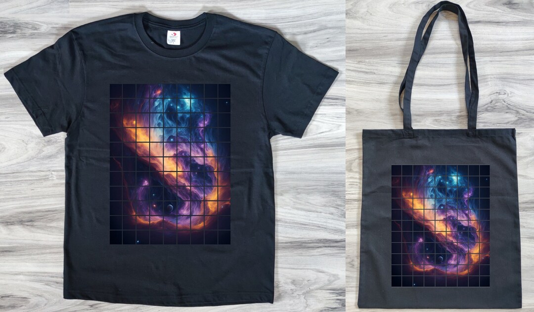 Galaxy Grid T-shirt and Tote Bag Set - Cosmic Vibes, Unique Cut-out ...