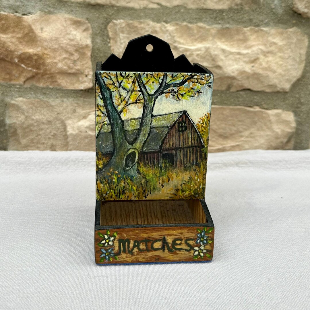 Vintage Matchbox Holder, Hand Painted Folk Art, Country Barn, Rustic ...