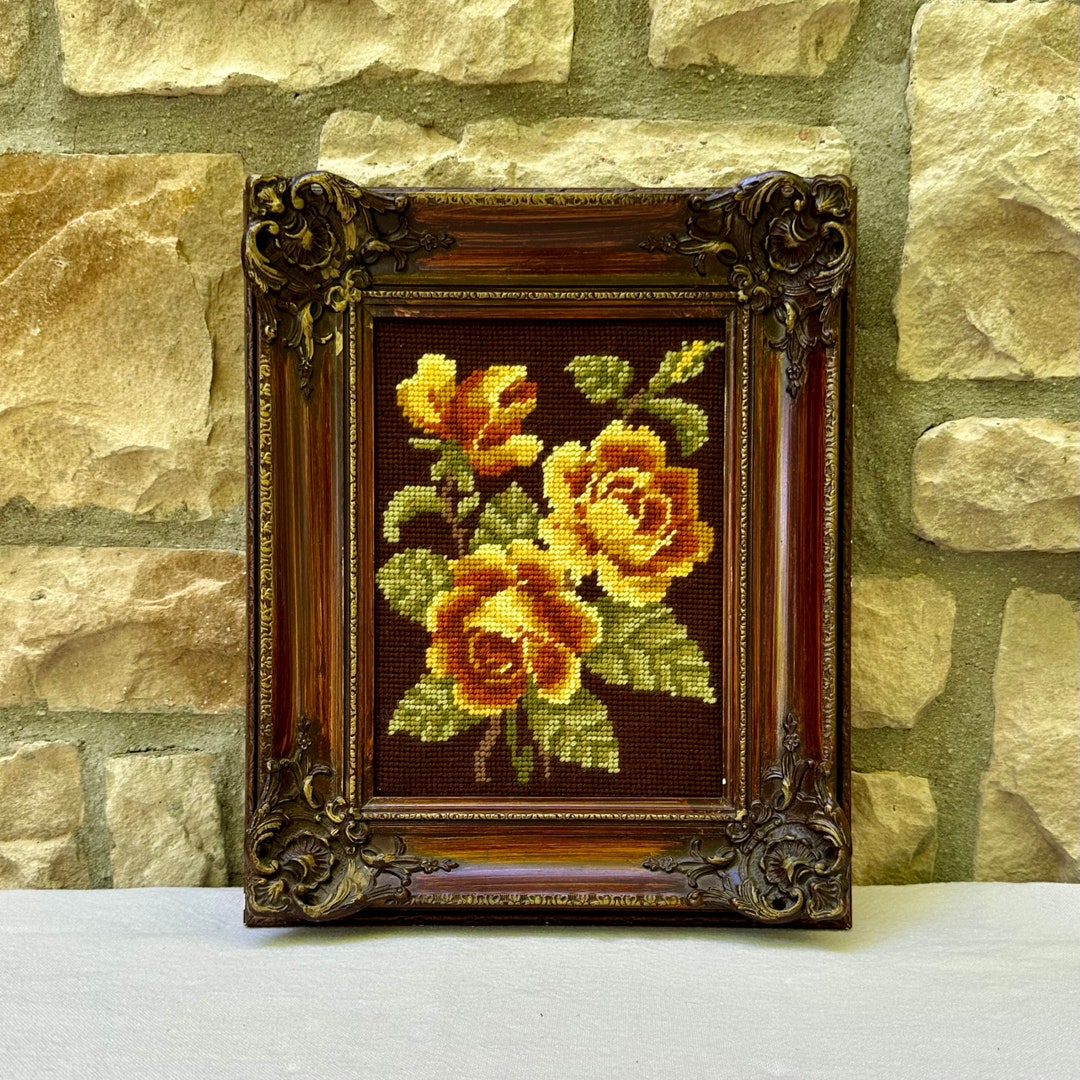 Vintage Needlepoint Yellow and Orange Roses on Dark Brown Background ...